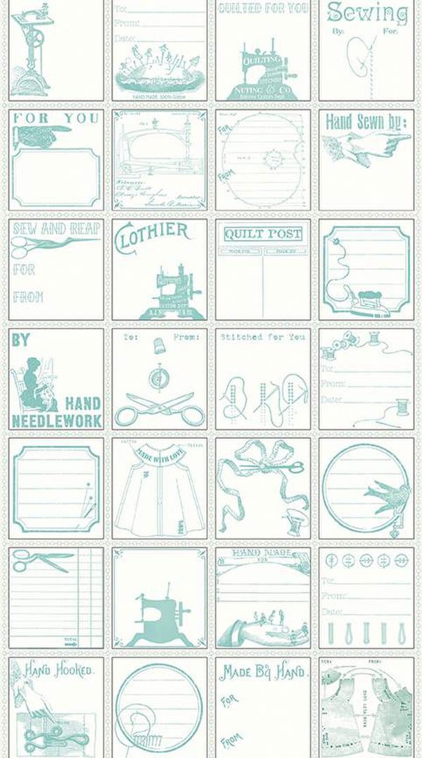 Fabric, Quilt Labels ~ Old-Fashioned Antique Sewing AQUA BLUE (by the ...