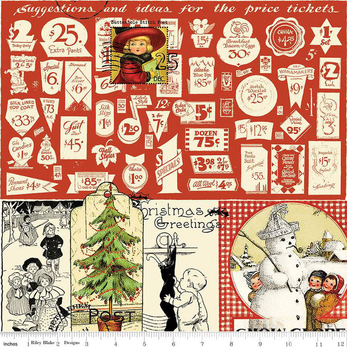 Fabric, Classic Christmas - Christmas Collage PARCHMENT by J. Wecker F ...