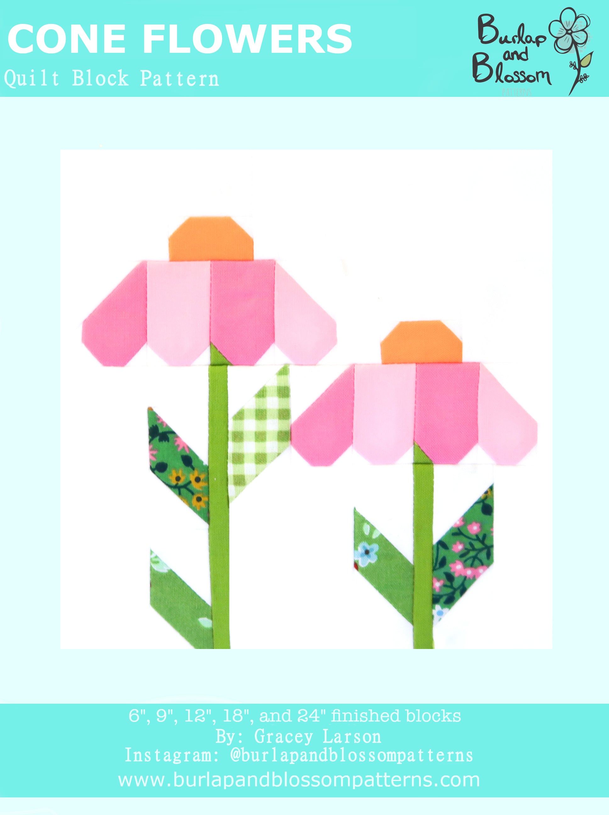 Pattern, Cone Flowers Quilt Block by Burlap and Blossom (digital downl ...