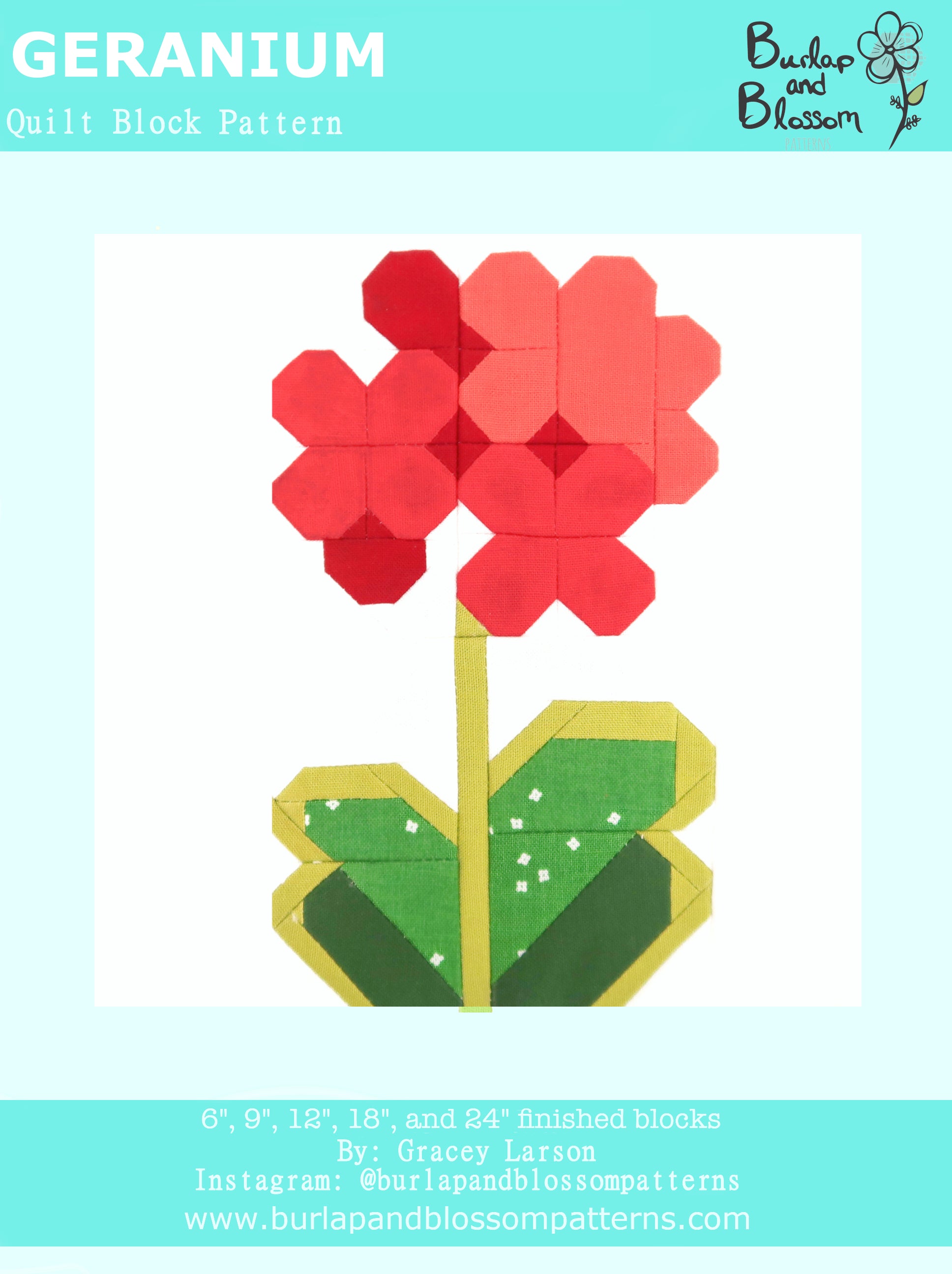 Pattern, Geranium Flower Quilt Block by Burlap and Blossom (digital do ...
