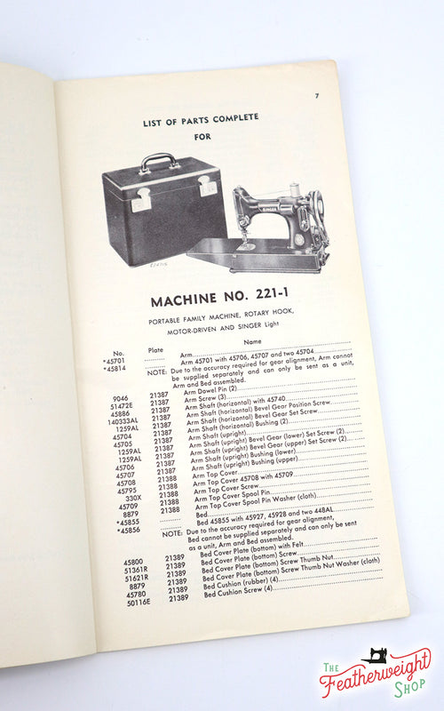 Parts List Book, Singer 221, 1955 (Vintage Original) - RARE – The ...