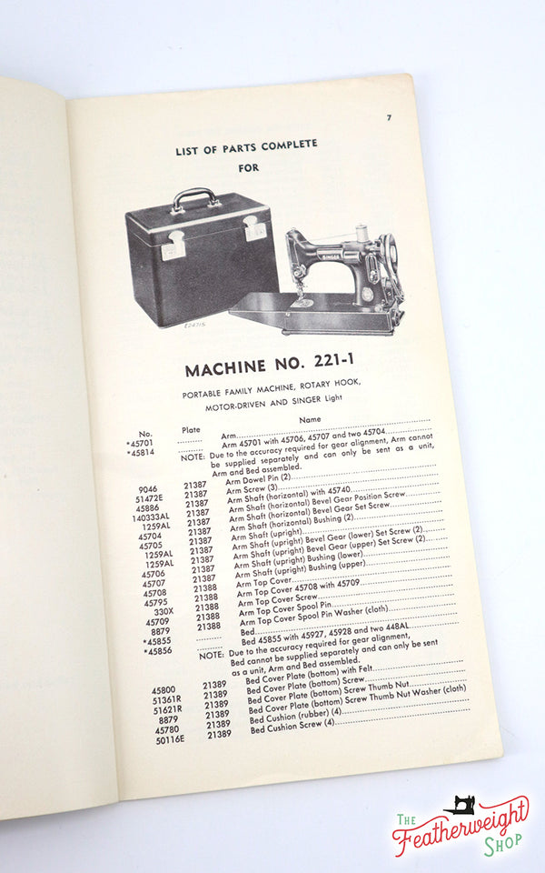 Parts List Book, Singer 221, 1955 (Vintage Original) - RARE – The ...