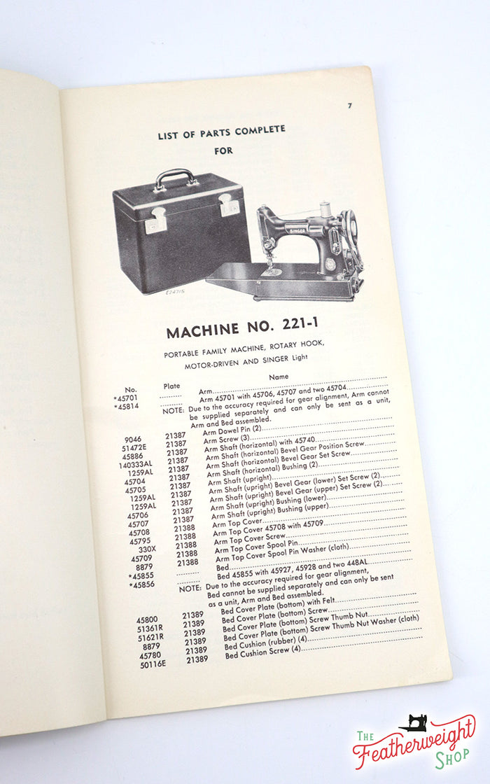 Parts List Book, Singer 221, 1955 (Vintage Original) - RARE – The ...