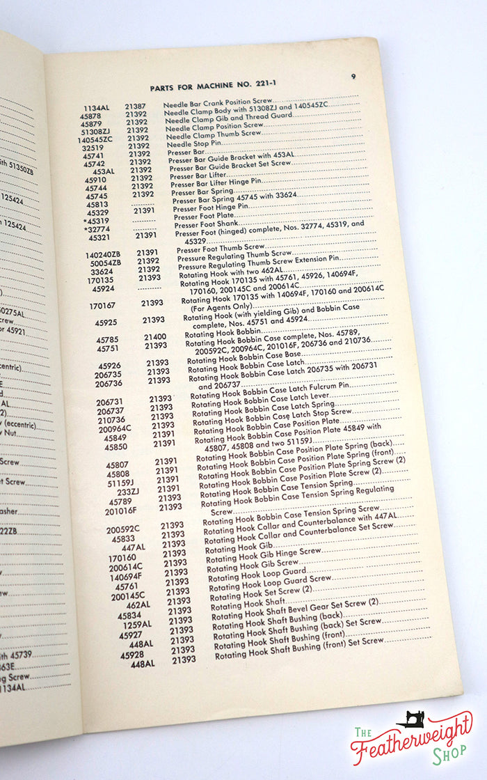 Parts List Book, Singer 221, 1955 (Vintage Original) - RARE – The ...