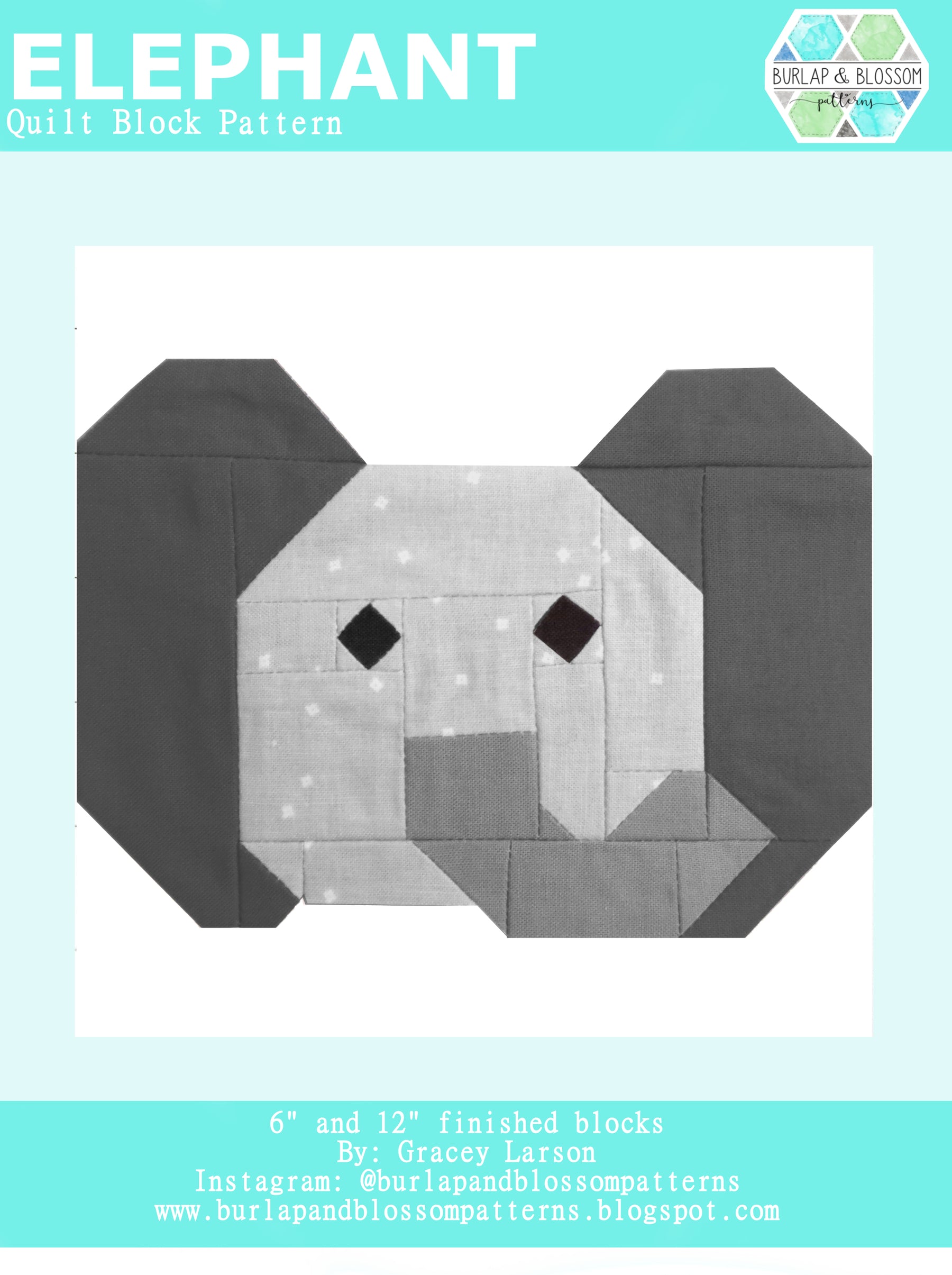 Pattern, Elephant Quilt Block by Burlap and Blossom (digital download ...