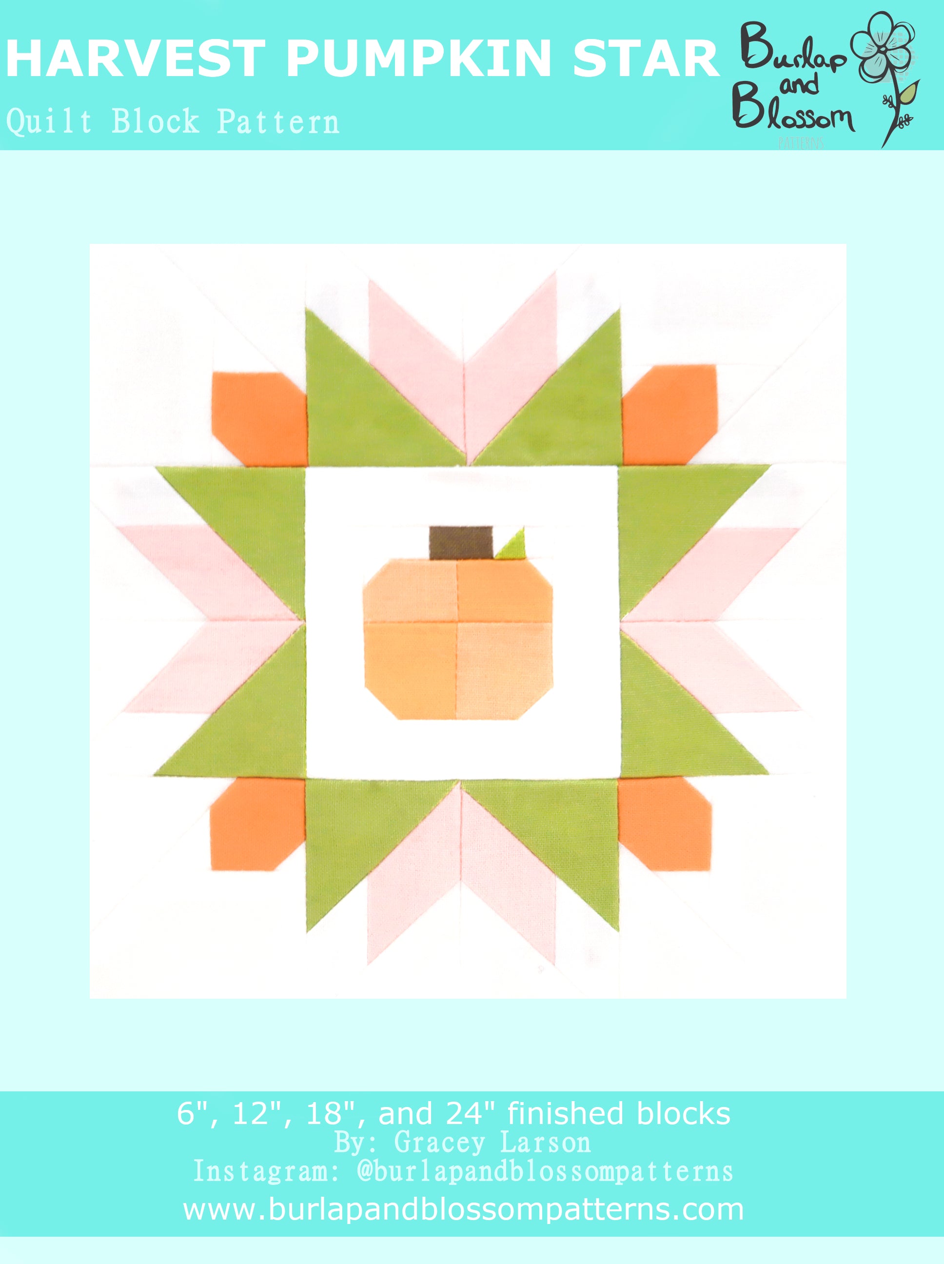 Pattern, Harvest Pumpkin Star Quilt Block by Burlap and Blossom (digit ...