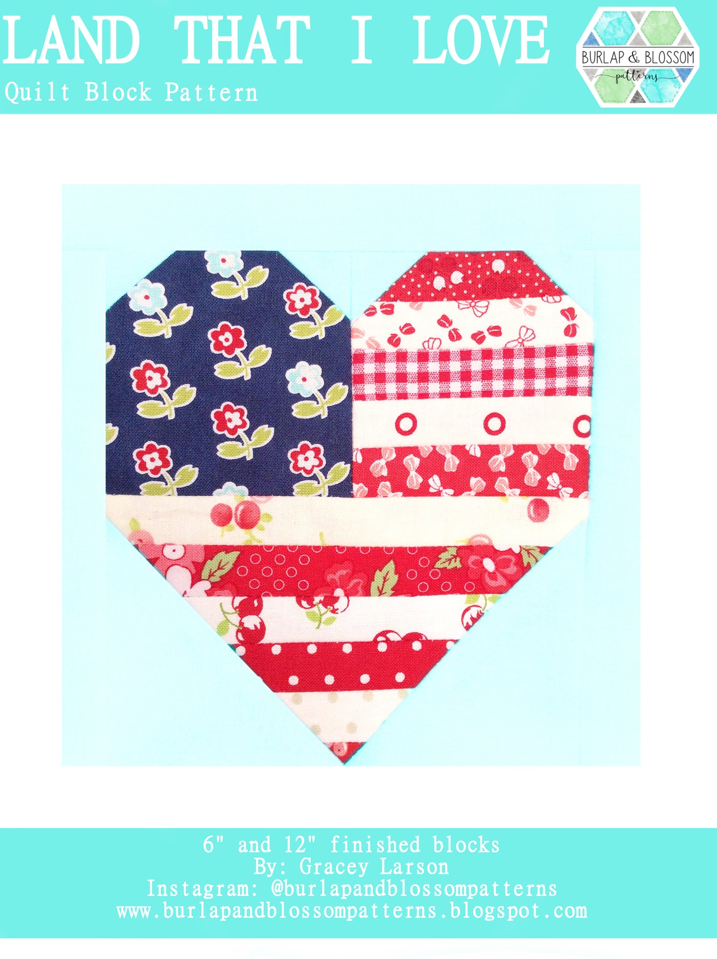 Pattern, Land that I Love Quilt Block by Burlap and Blossom (digital d ...