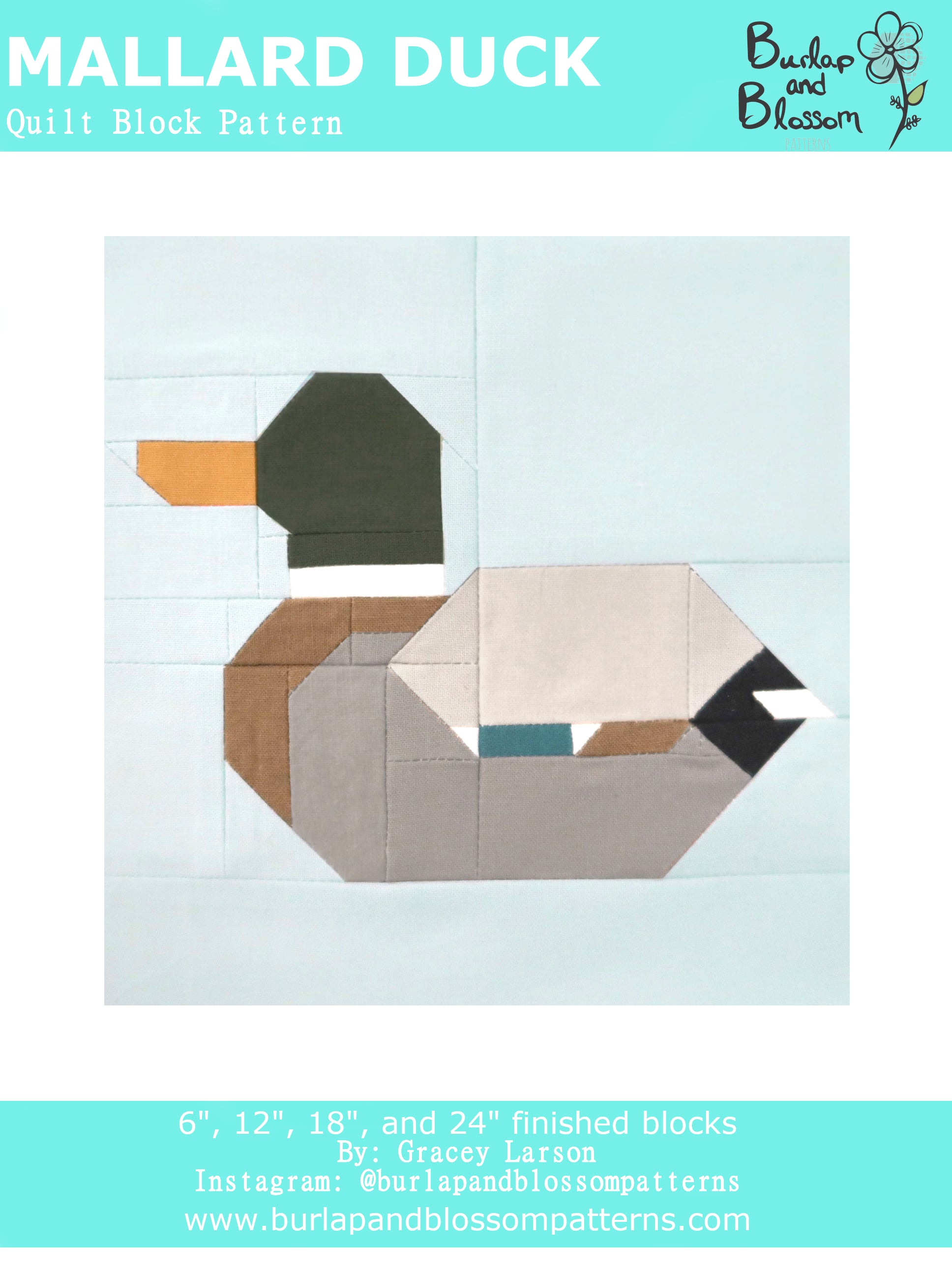 Pattern, Mallard Duck Quilt Block by Burlap and Blossom (digital downl ...