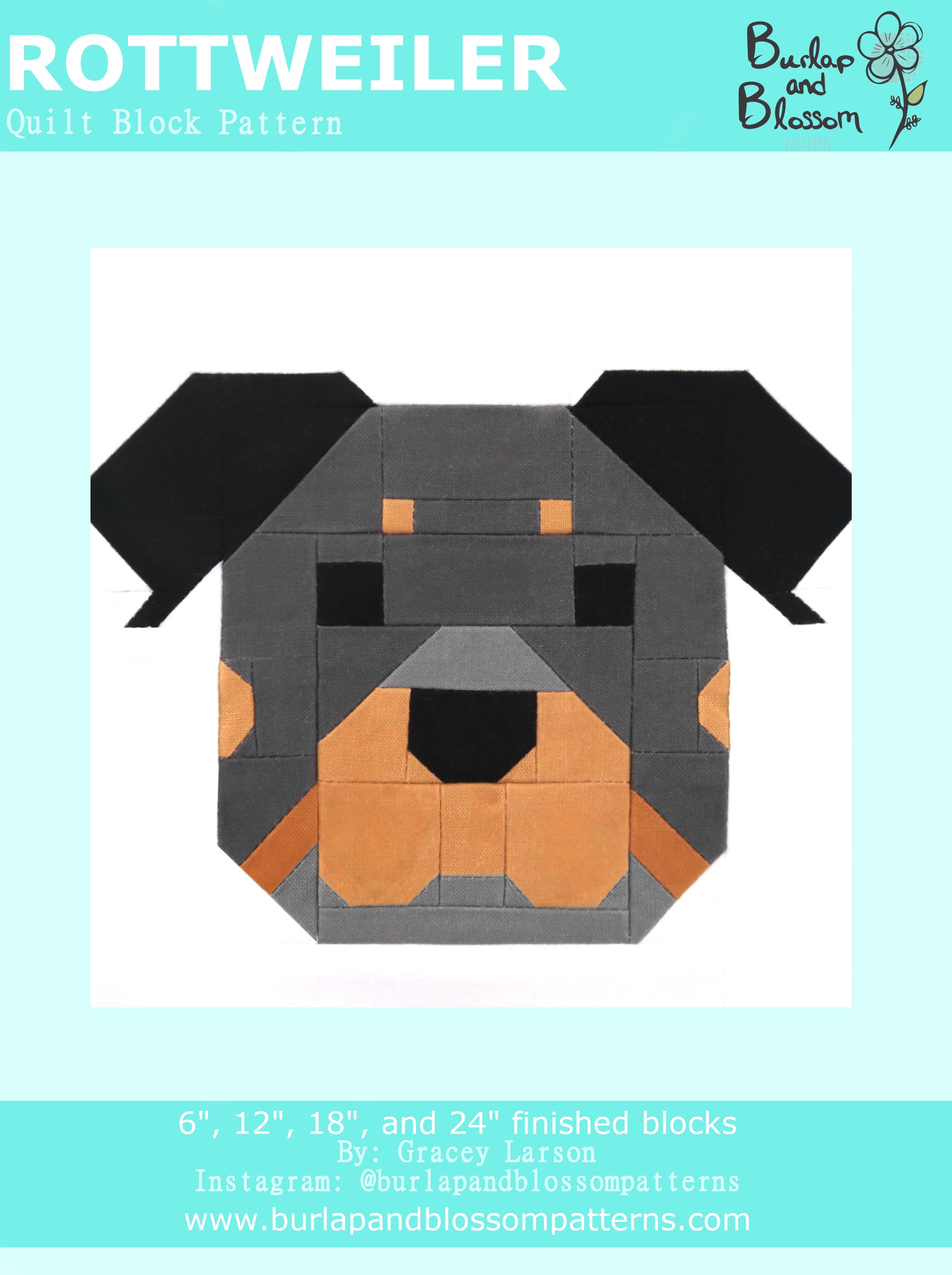 Pattern, Rottweiler Quilt Block by Burlap and Blossom (digital downloa ...