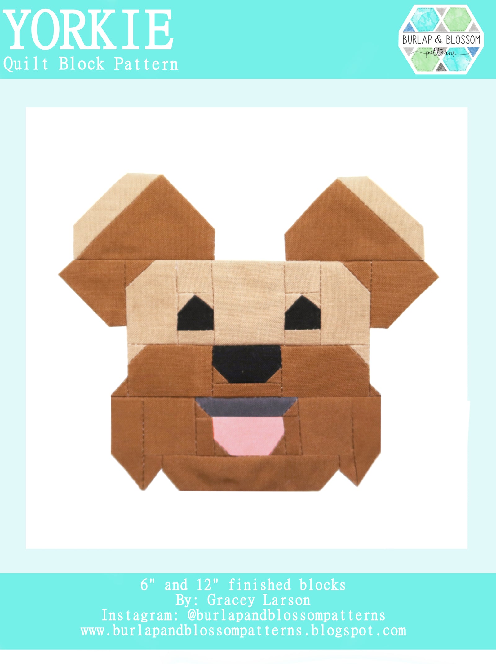 Pattern, Yorkie Terrier Dog Quilt Block by Burlap and Blossom (digital ...